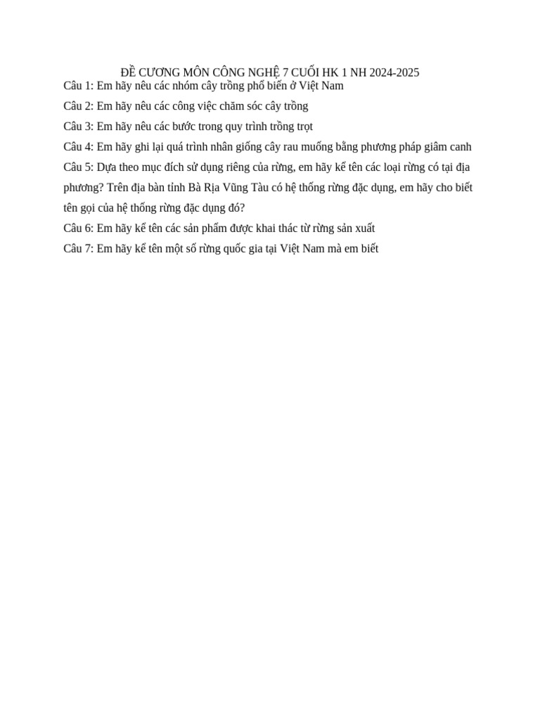 Đề Cương Môn Công Nghệ 7 Cuối Hk 1 Nh 2024 | PDF