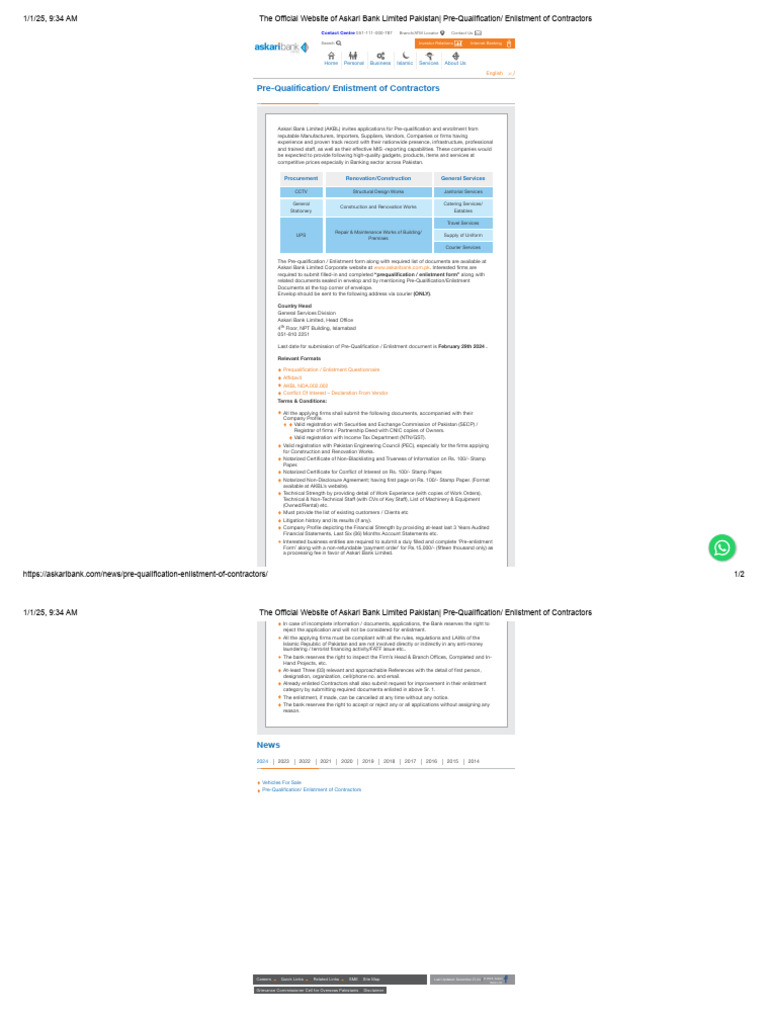 Askari Bank Contractor Pre-Qualification | PDF