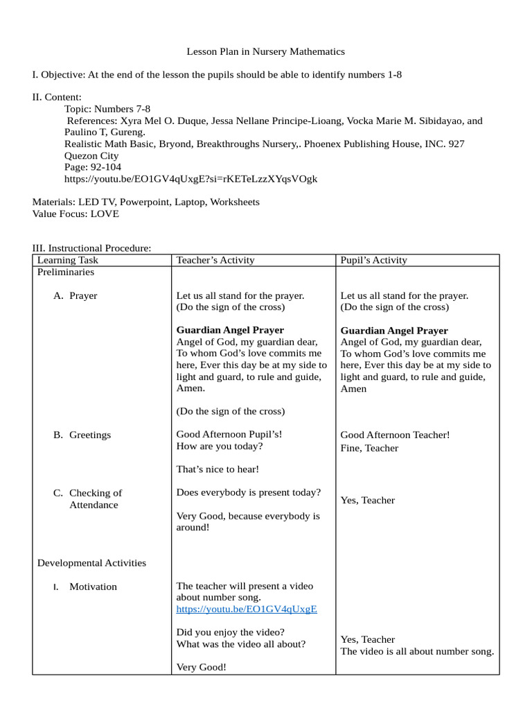 Lesson Plan in Kinder Mathematics (FINAL) | PDF | Teachers | Lesson Plan