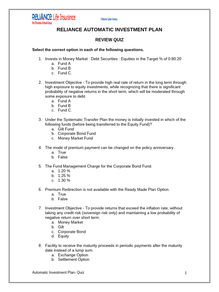 Automatic Investment Quiz v6, 1904207 | PDF | Bonds (Finance) | Insurance