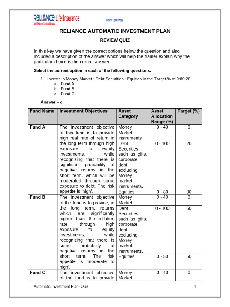 Automatic Investment Plan - Quiz Key v6, 190407 | PDF | Insurance ...