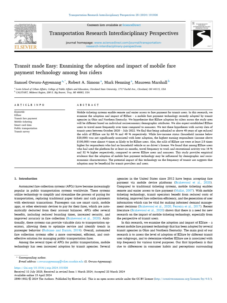 Transit Made Easy Examining The Adoption and - 2024 - Transportation ...