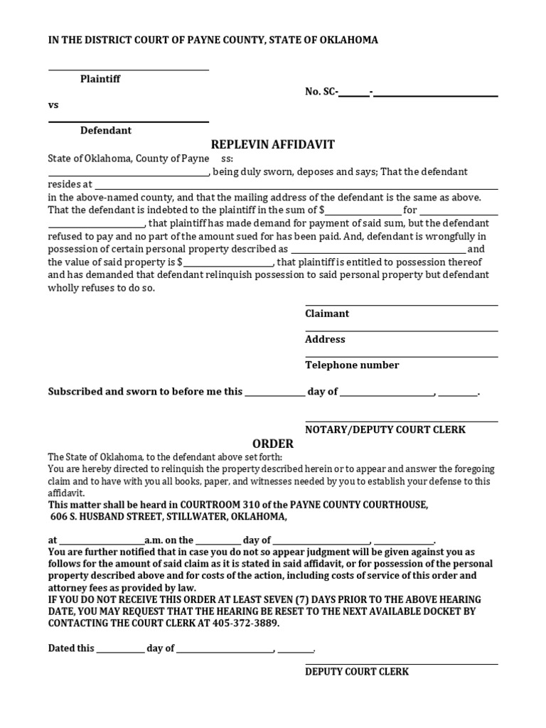 Replevin Affidavit Stillwater | PDF | Common Law | Public Law