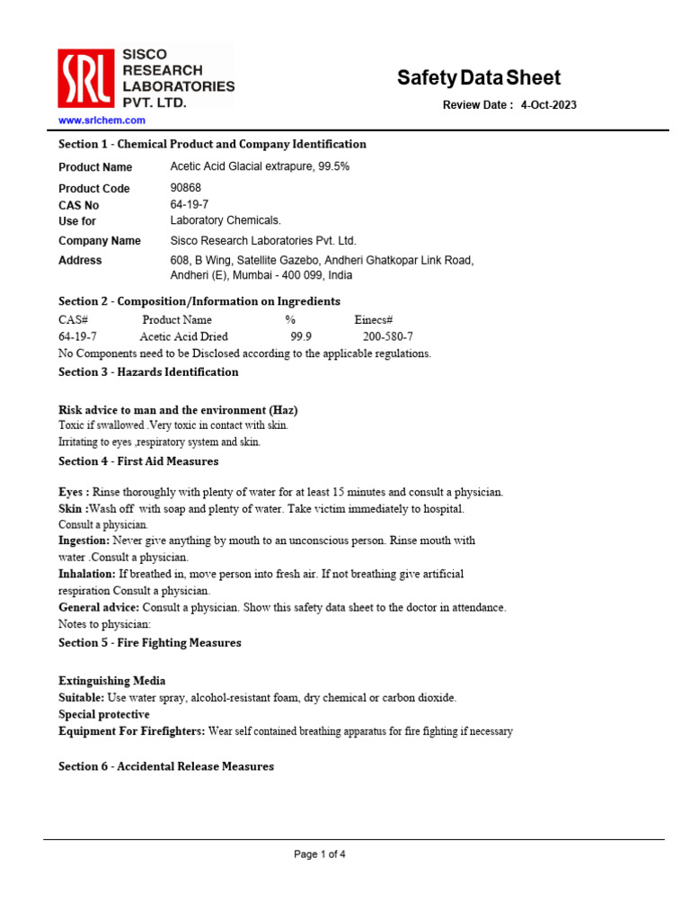 SRL SDS 64 19 7 90868 Acetic Acid Glacial Extrapure 99 5 | PDF ...