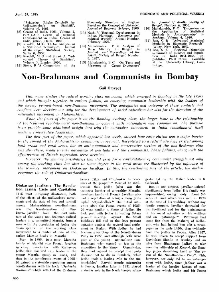 1973 Omvedt Non Brahmans and Communists - in - Bombay | PDF | Communism