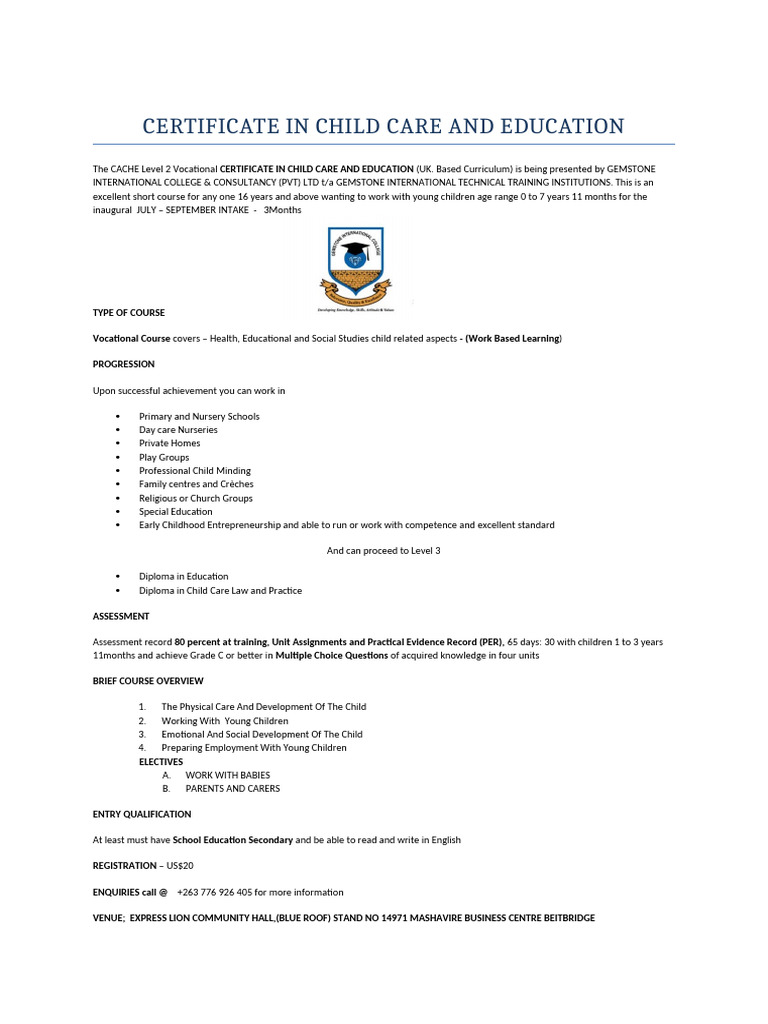 Level 2 Child Care Certificate Course | PDF