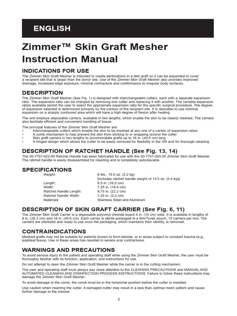 Zimmer Skin Graft Mesher Instruction Manual | PDF | Sterilization ...