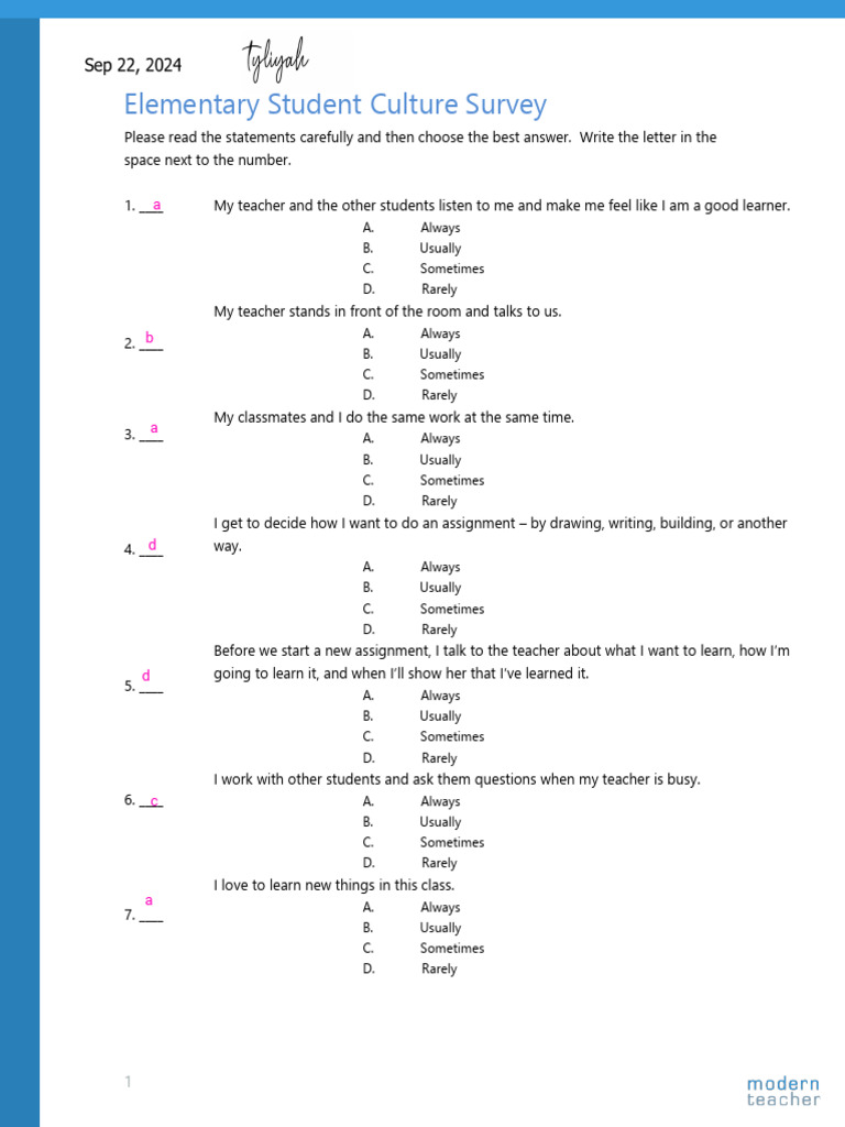 Elementary Student Culture Survey | PDF