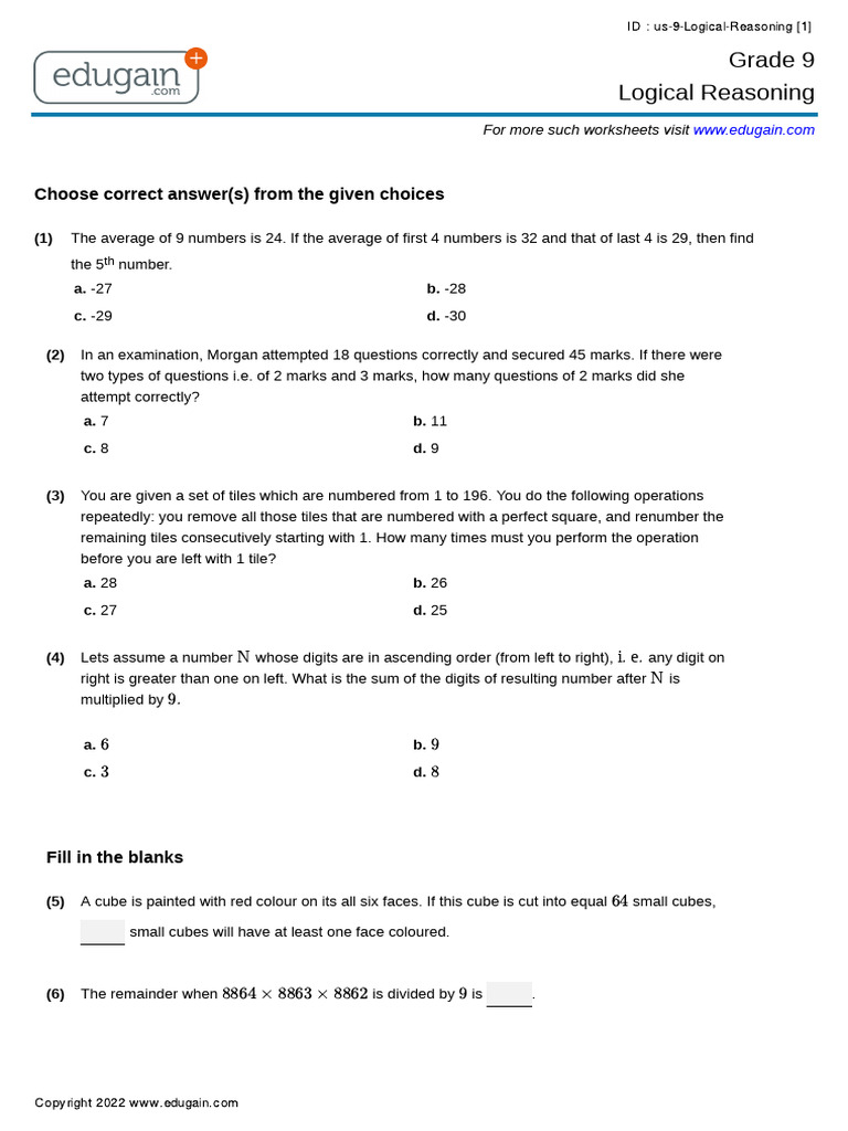 Grade 9 Logical Reasoning Worksheets | PDF | Equations | Average