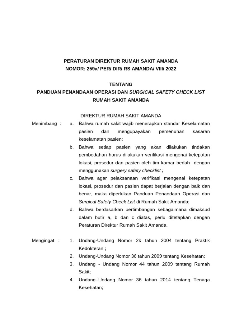 Panduan Operasi dan Safety Checklist RS Amanda | PDF