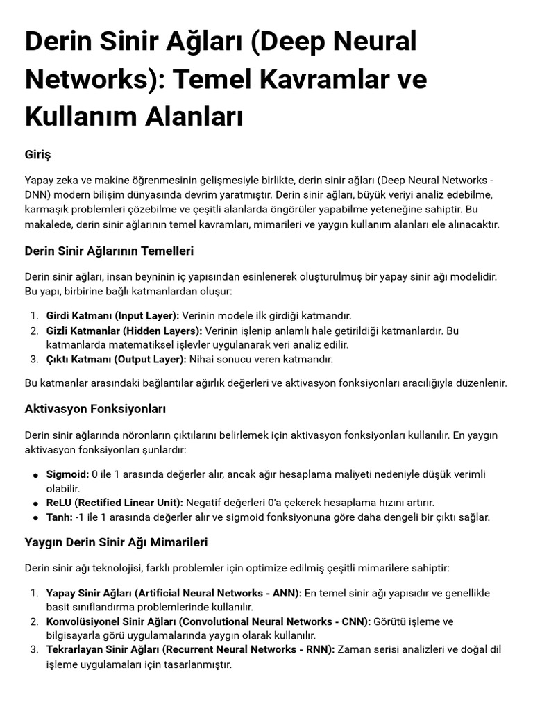 Derin Sinir Ağları (Deep Neural Networks) Temel Kavramlar Ve Kullanım Alanları | PDF