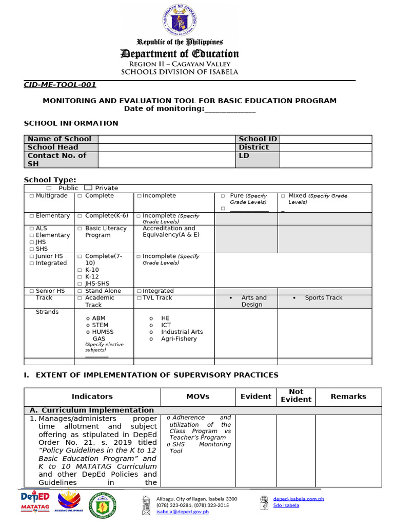 CID ME TOOL 001 Basic Education Program Final | PDF | Educational Assessment | Teachers