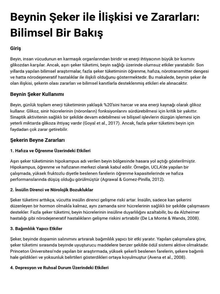 Beynin Şeker Ile İlişkisi Ve Zararları Bilimsel Bir Bakış | PDF