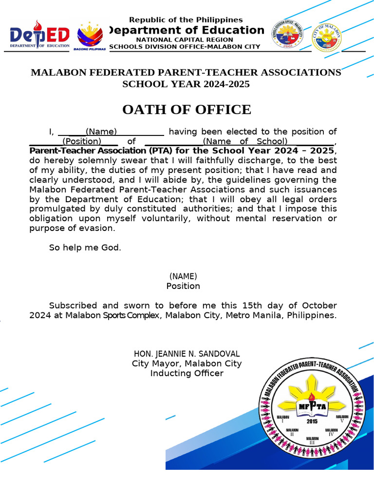 PTA Officers Oath of Office 2024-2025 | PDF