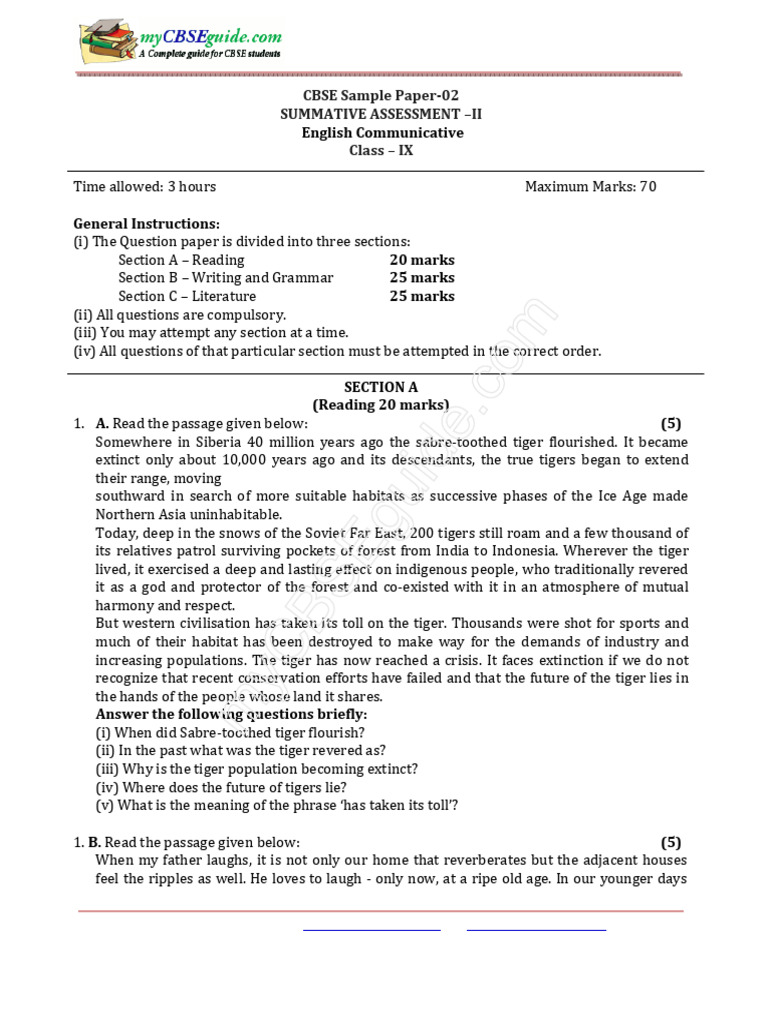 CBSE Class IX English Sample Paper 02 | PDF | Tiger