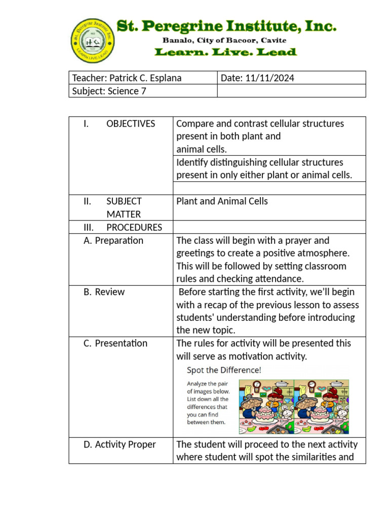 LESSON-PLAN-TEMPLATE - Science 7 Plant & Animal Cell | PDF | Teachers ...