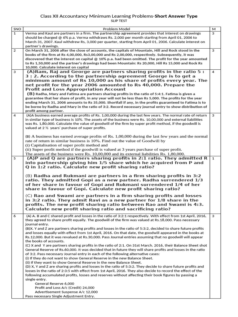 Class XII Accountancy Minimum Learning Problems-Short Answer Type | PDF ...
