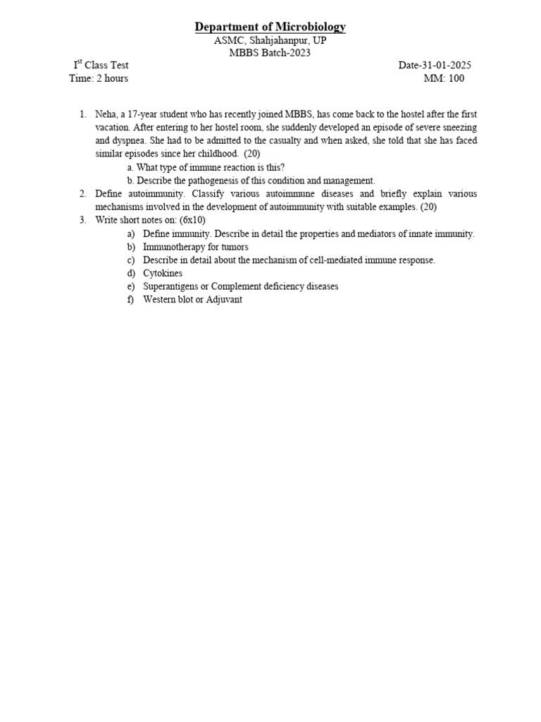 Class Test Question Paper | PDF