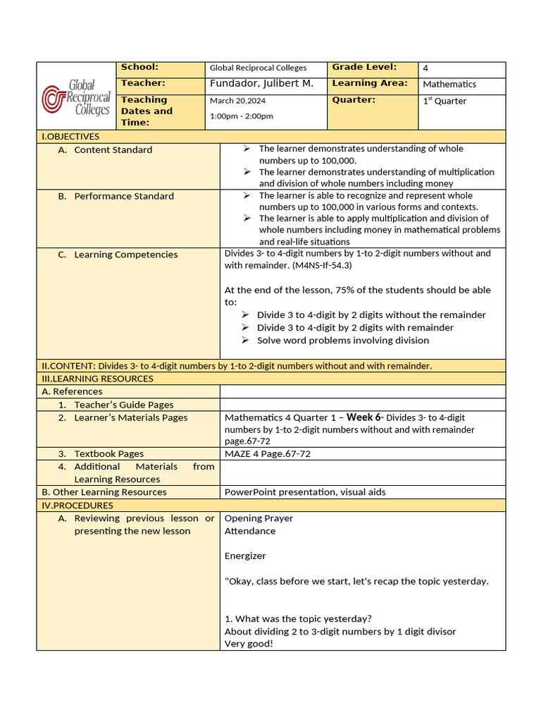 Mathematics-Lesson-Plan-Grade 4 | PDF | Division (Mathematics) | Learning
