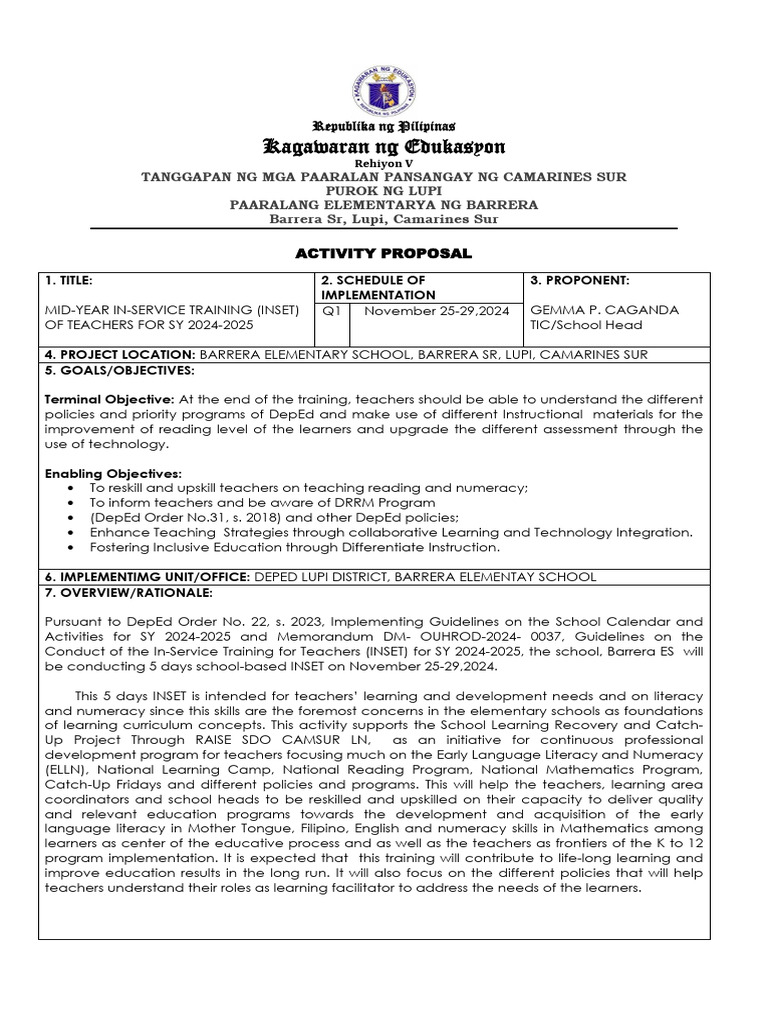 Mid Year Inset Proposal Sy 2023 2024 | PDF | Teachers | Literacy