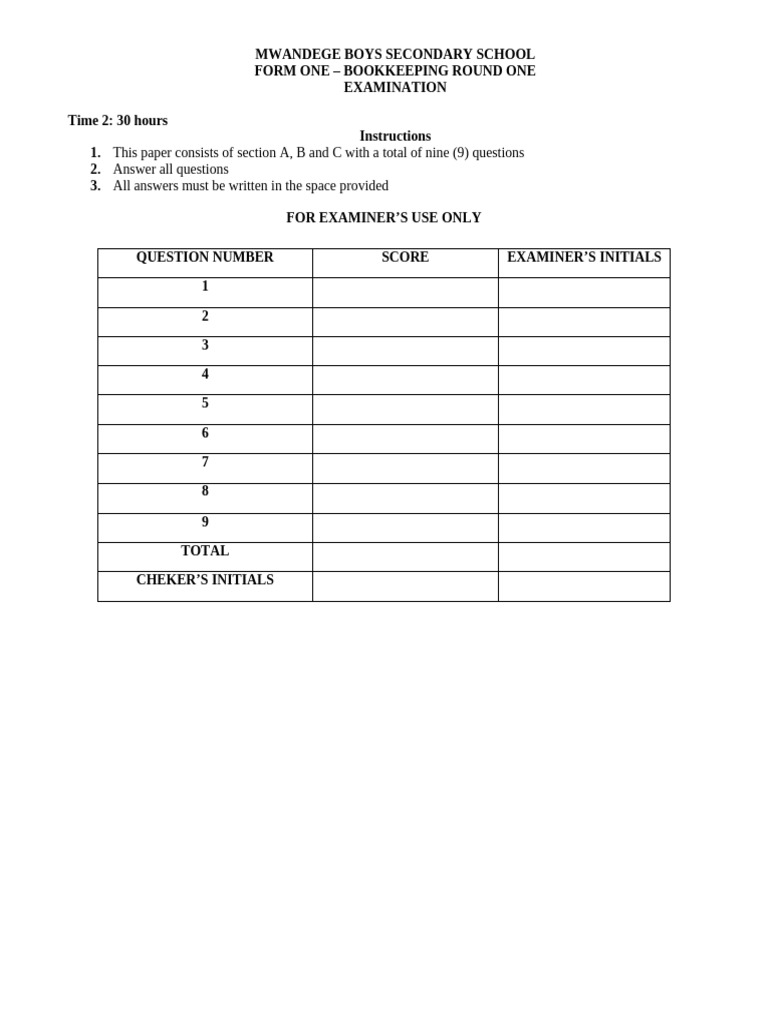 Book Keeping Form One Round One Pdf Bookkeeping Financial Economics