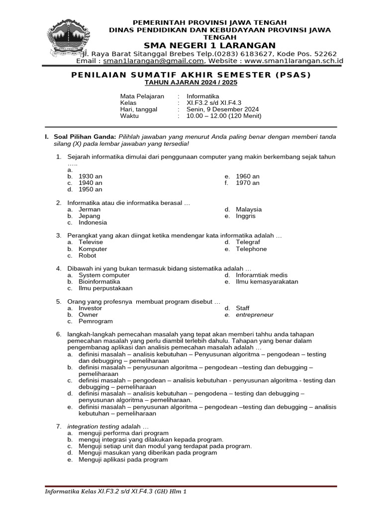 SOAL PSAS Informatika Kelas XI.F3.2 SD XI.F.4.3 GH | PDF