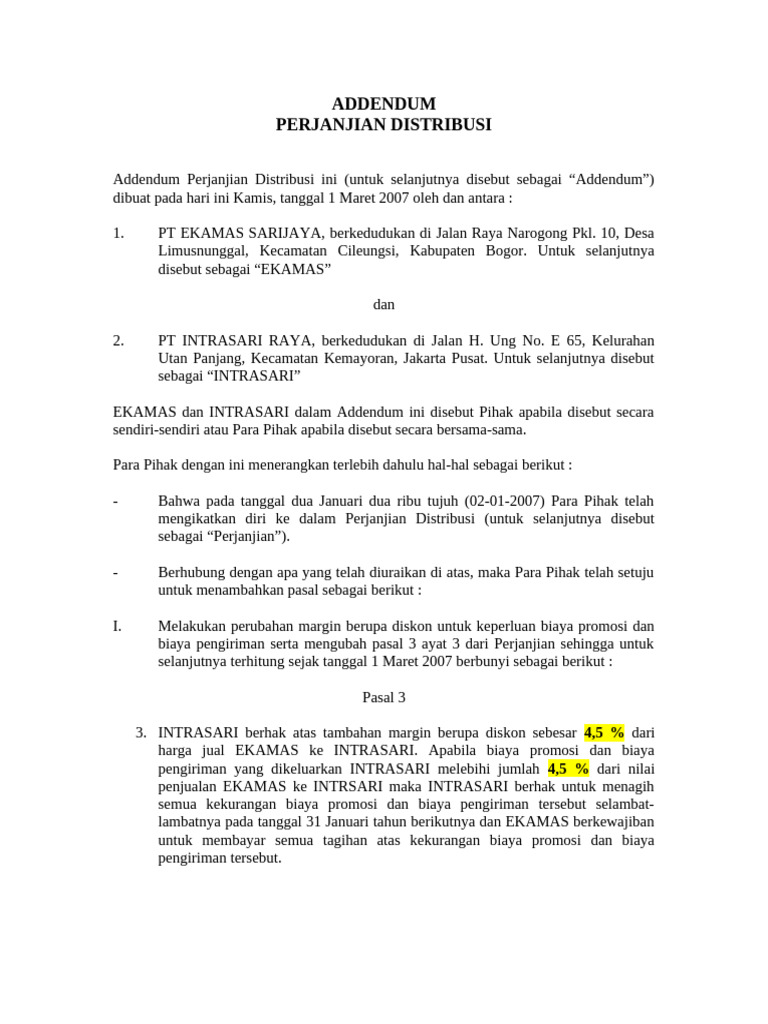 Addendum Perjanjian Distribusi Ekamas-Intra | PDF