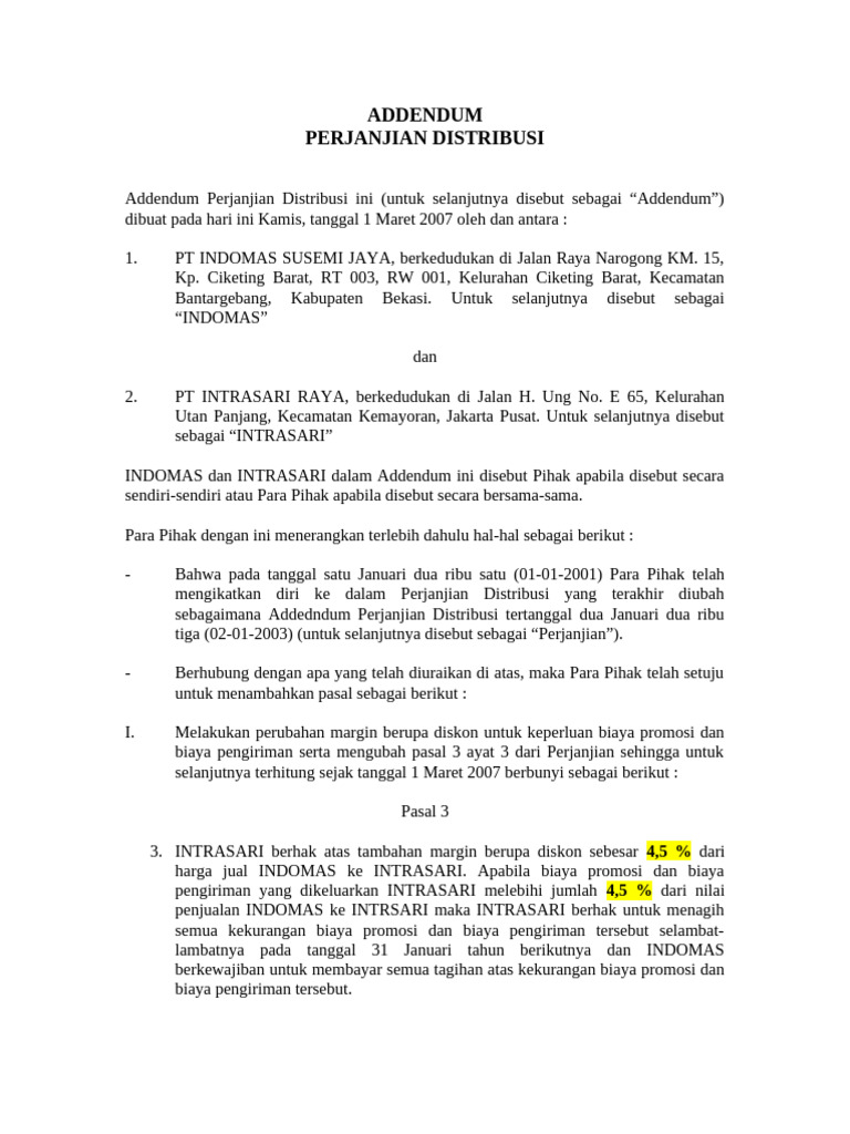 Addendum Perjanjian Distribusi Indomas-Intra | PDF