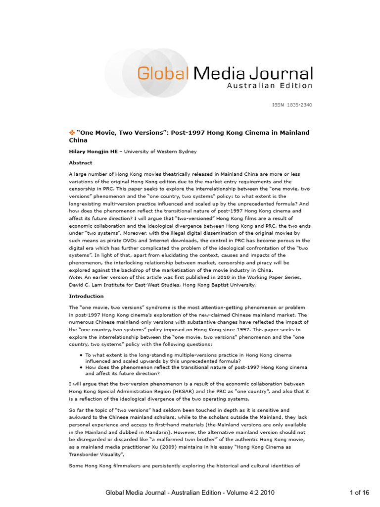 "One Movie, Two Versions" Post-1997 Hong Kong Cinema in Mainland | PDF ...