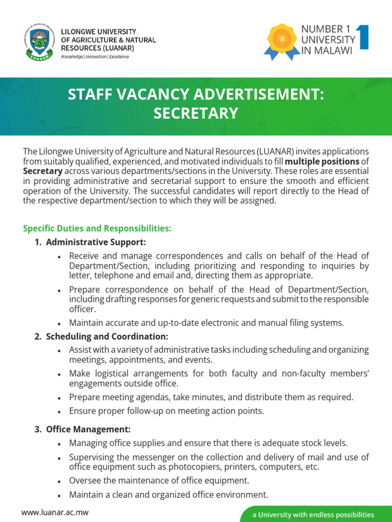 Secretary Job Openings at LUANAR | PDF