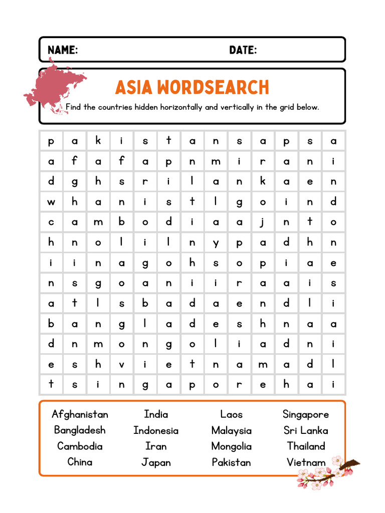 Asia Countries Wordsearch Puzzle | PDF