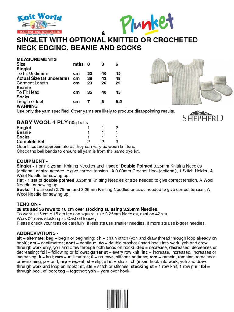 Plunket Knit World Beanie Singlet and Socks | PDF | Knitting | Knitting ...