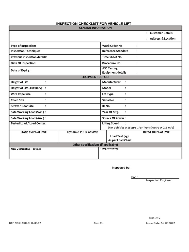 Le-02 Vehicle Lift Checklist - Rev 01 | PDF | Elevator | Manufactured Goods
