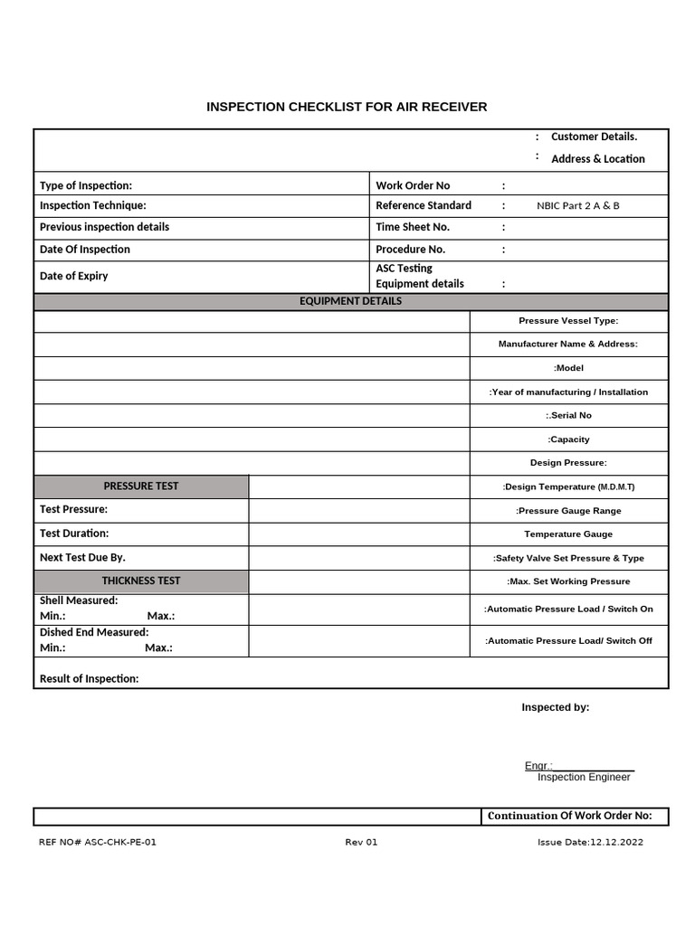 Air Receiver Inspection Checklist | PDF | Valve | Pressure Measurement