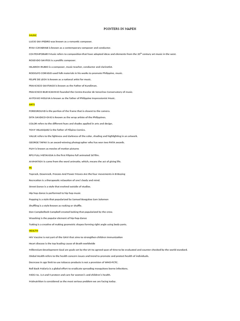 Pointers in Mapeh | PDF