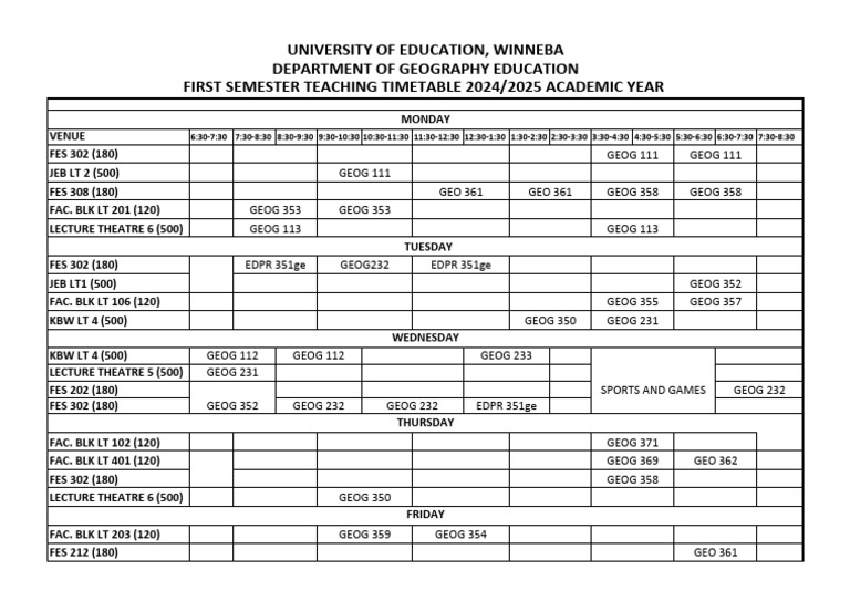1st Semester Teaching Timetable - Geography | PDF | Educational Stages ...