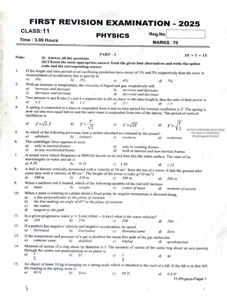 11th Physics 1st Revision Exam 2025 Original Question Paper Dharmapuri District English Medium ...