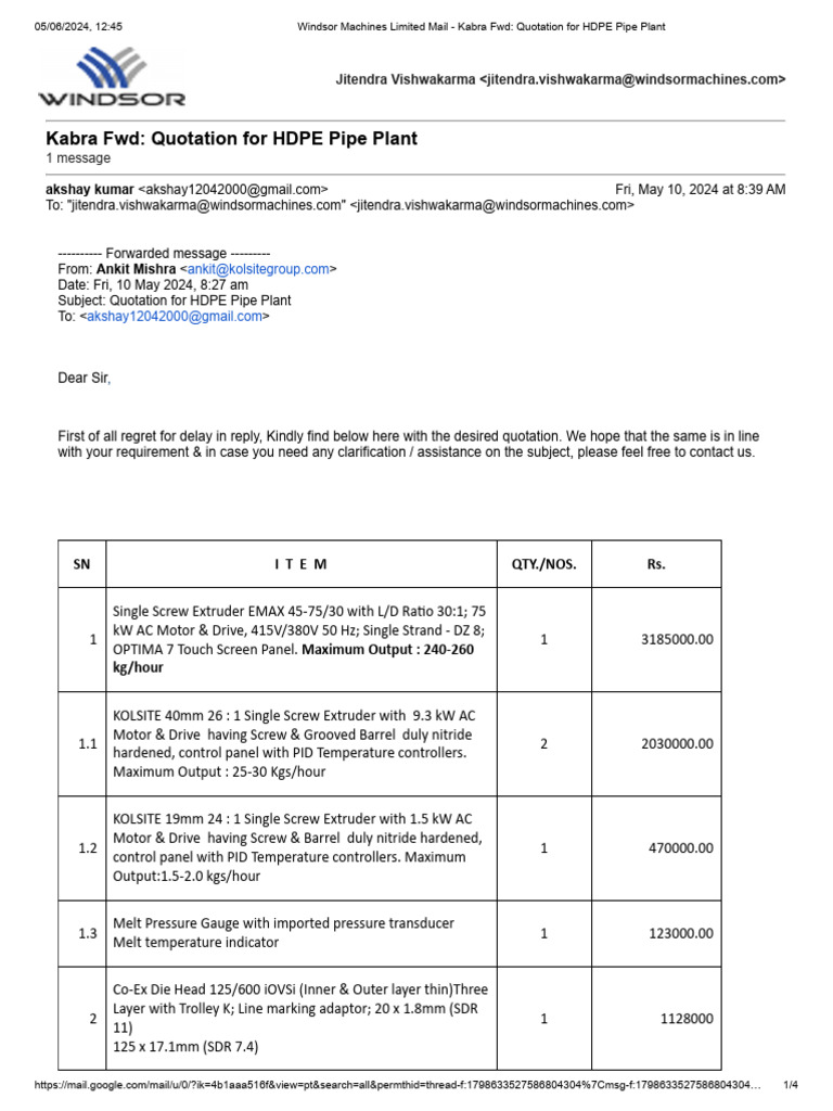Kabra Fwd_ Quotation for HDPE Pipe Plant | PDF | Extrusion | Mechanical Engineering