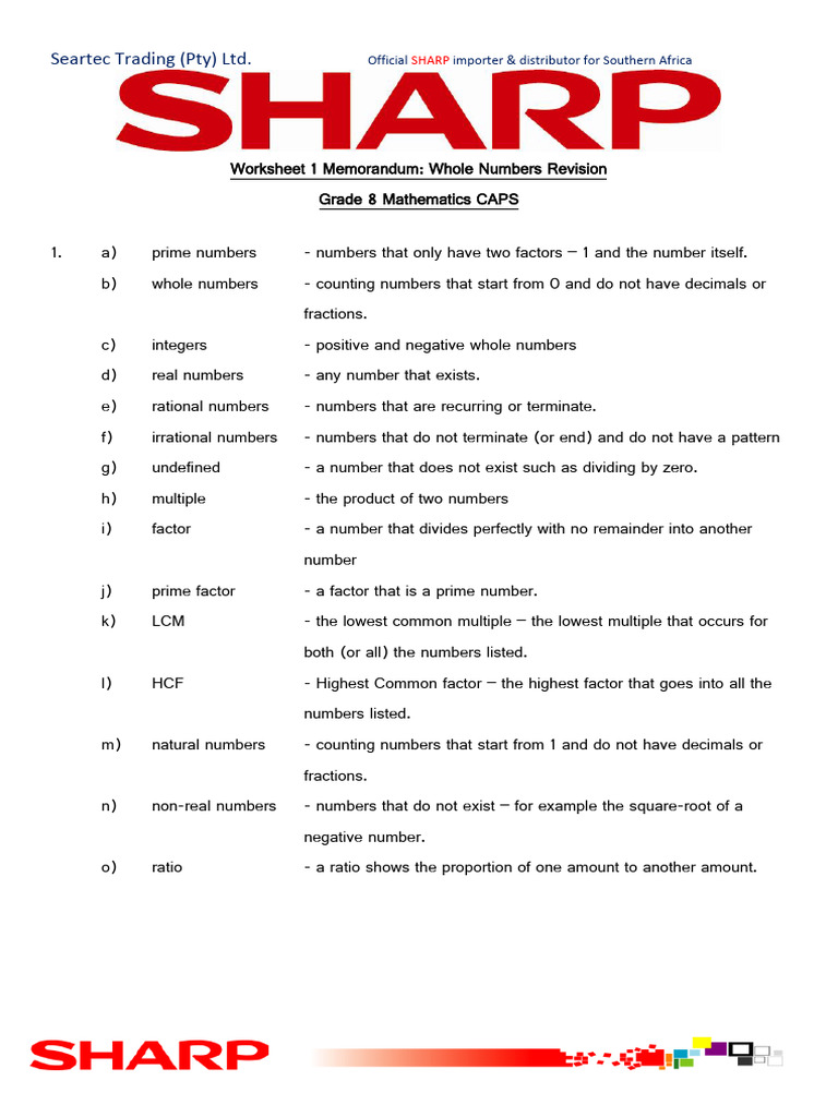 Worksheet 1 Memorandum Whole Numbers Revision Grade 8 | PDF | Numbers ...