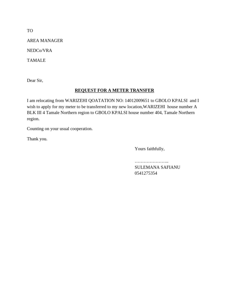 Meter Transfer Request Letter | PDF
