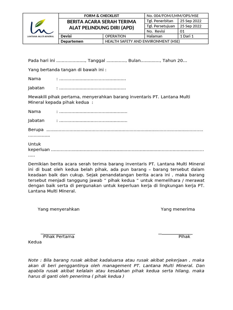 004-FOM-LMM-OPS-HSE_Berita Acara Serah Terima APD | PDF
