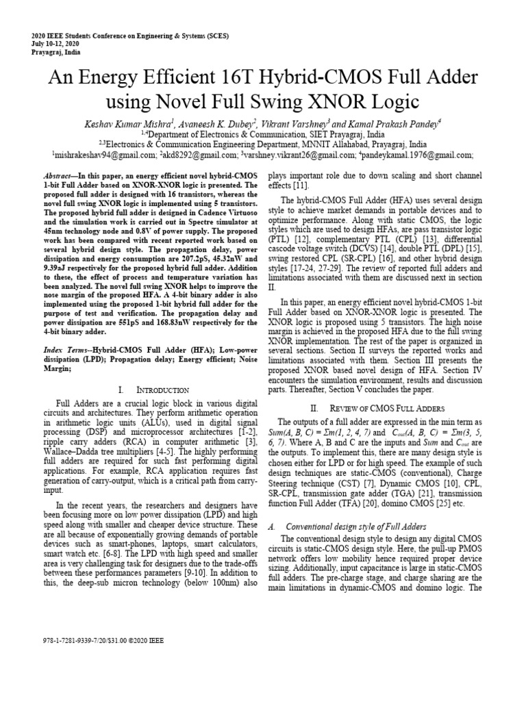 Energy Efficient Hybrid-CMOS Full Adder | PDF | Logic Gate | Cmos