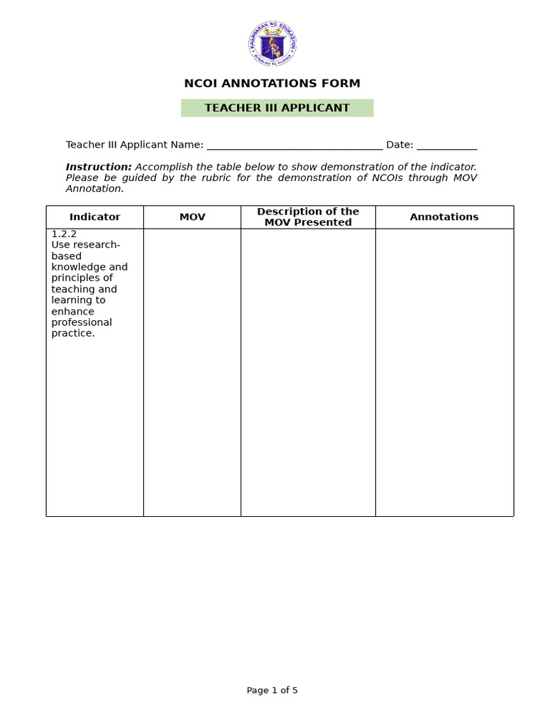 NCOI Annotations Form For Teacher III Applicant | PDF | Learning | Rubric (Academic)