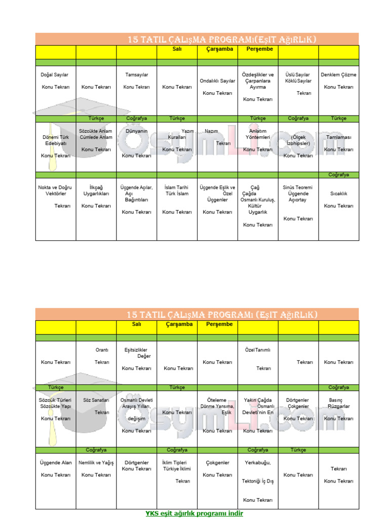 15 Tatil Calisma Programi Yks Esit Agirlik Osymli Com 1 | PDF