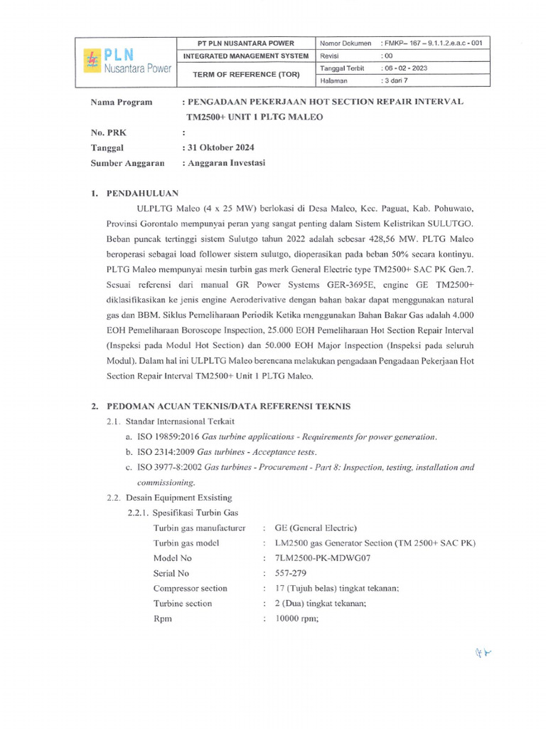 TOR Pekerjaan Hot Section Repair Interval TM2500+ Unit 1 PLTG Maleo ...