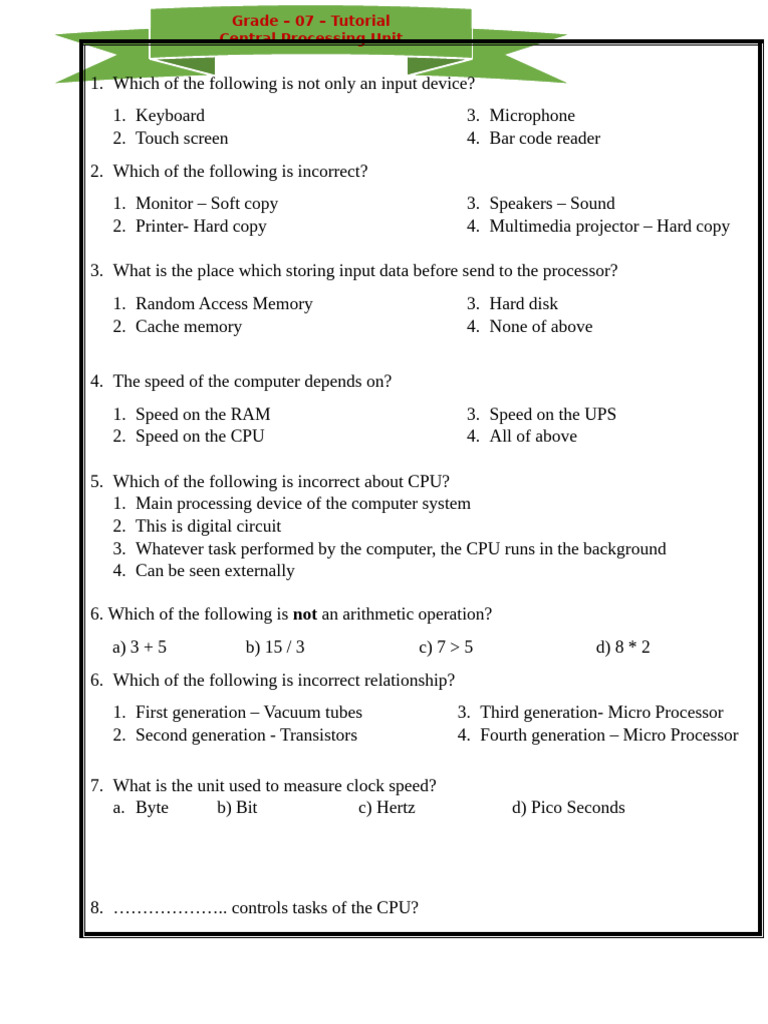 Grade 7 CPU Tutorial Questions and Answers | PDF | Central Processing ...