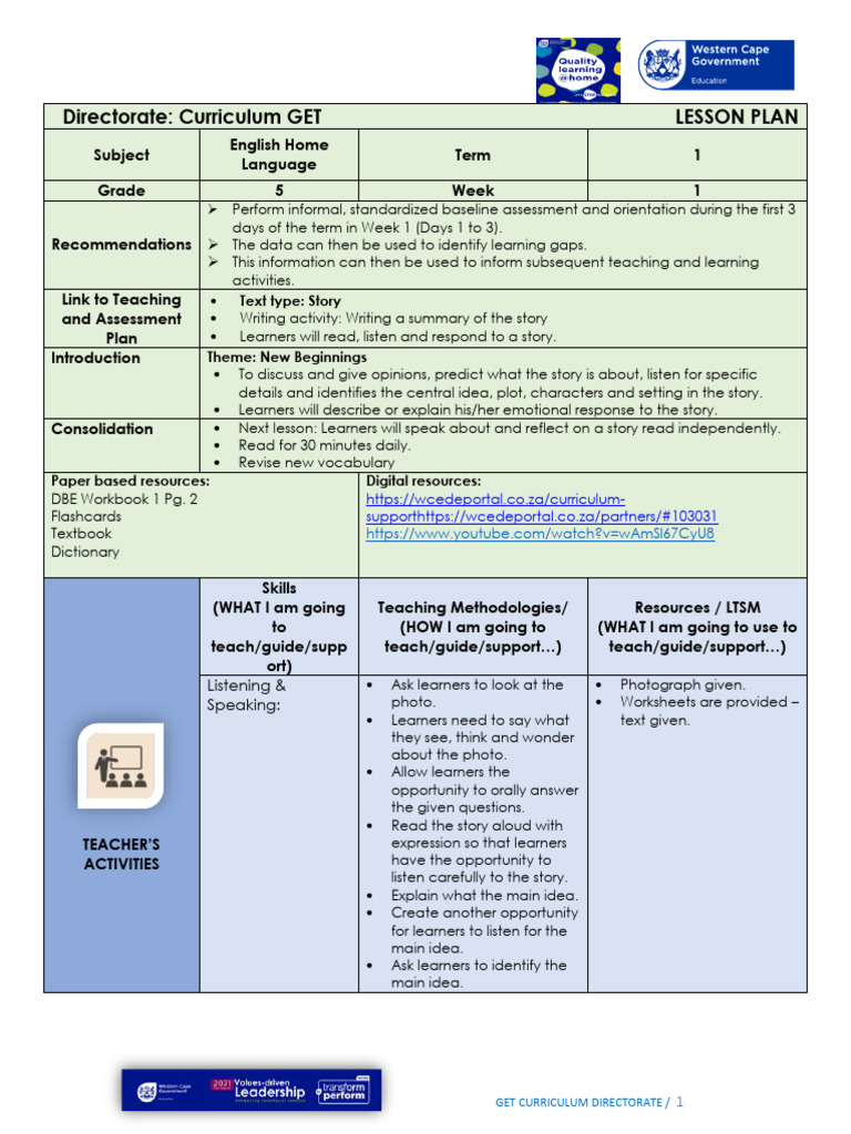 Lesson Plan Gr5 English HL T1 W1 | PDF | Vocabulary | Lesson Plan