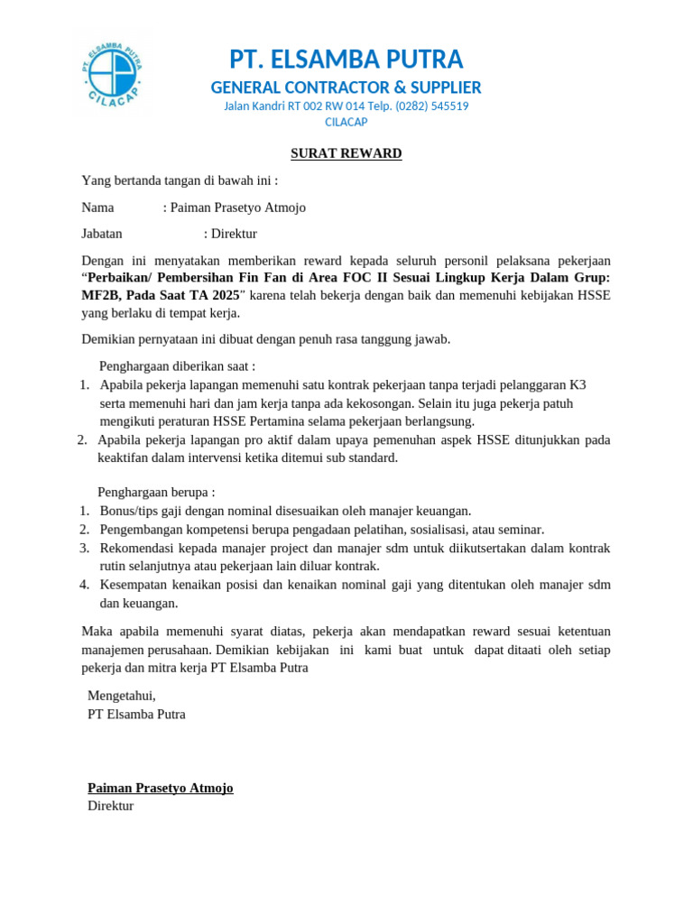 Reward Kinerja TA 2025 di PT Elsamba | PDF