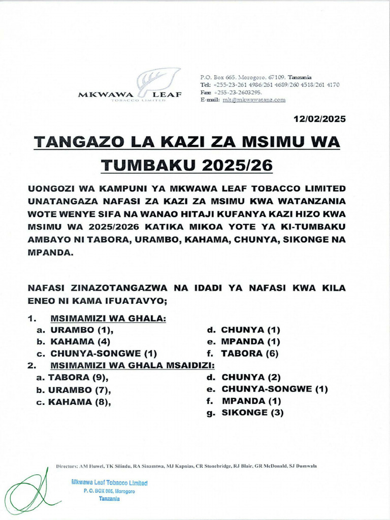 Matangazo Ya Ajira Za Msimu 2025-26 | PDF