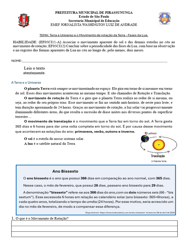 Movimento da Terra e Fases da Lua | PDF | Terra | Lua